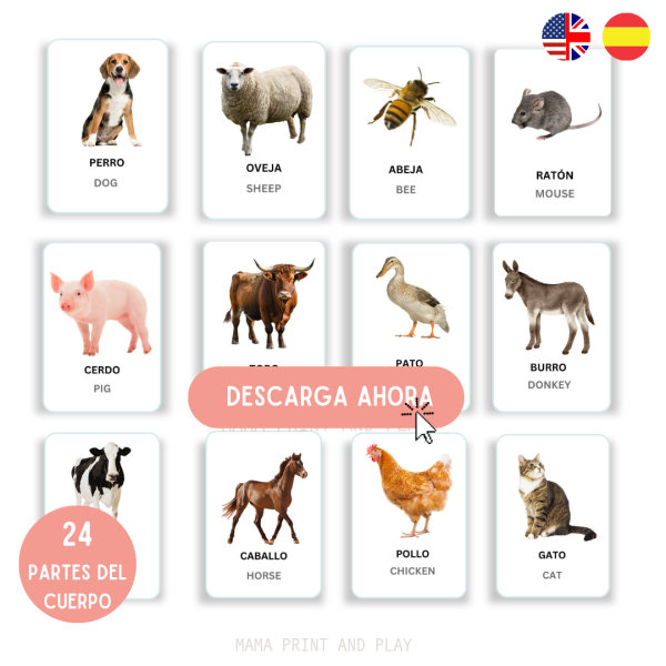 Animales de la granja Flashcards Bilingue Español / Inglés - Mama ...