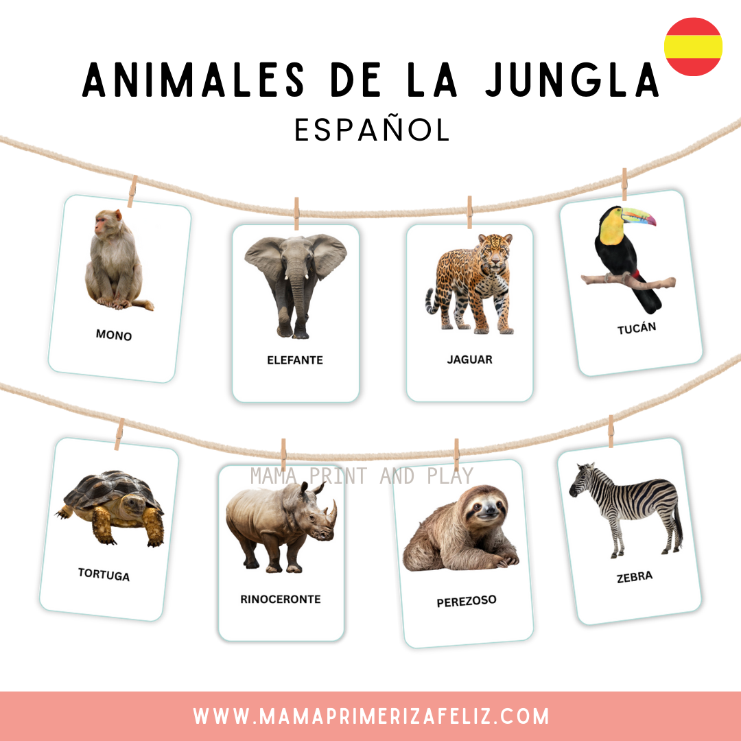 Animales de la jungla flashcards en español - Mama Primeriza Feliz