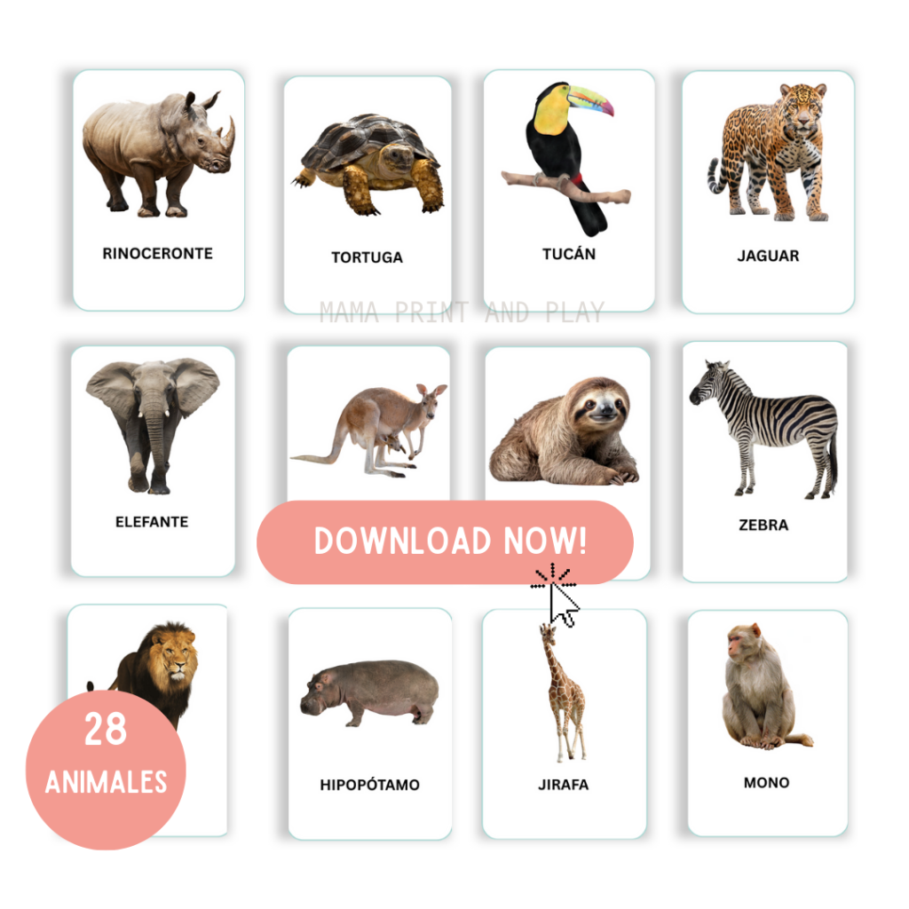 Animales de la jungla flashcards en español - Mama Primeriza Feliz